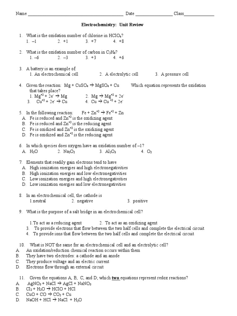 Electrochemistry Unit Review | PDF | Electrochemistry | Redox