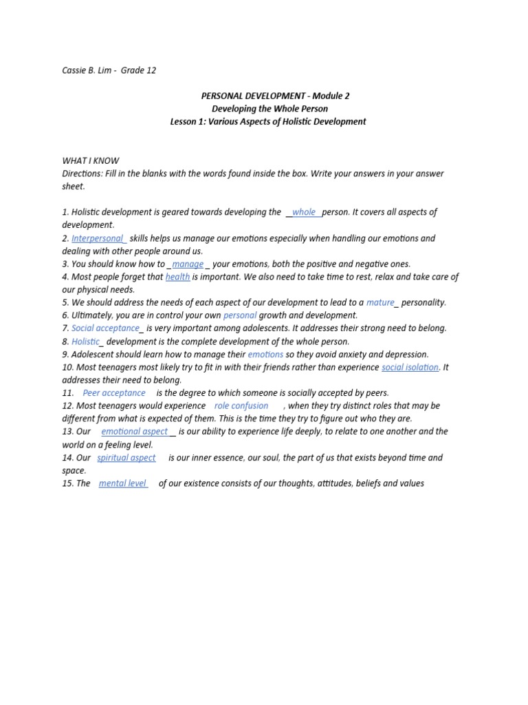 Personal Development - Cassie B. Lim - Grade 12 - Module 2 | PDF | Feeling | Thought
