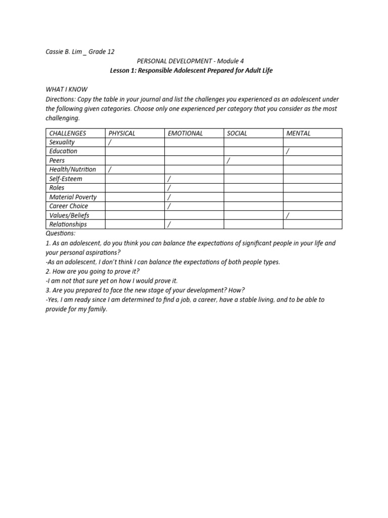 Personal Development - Cassie B. Lim - Grade 12 - Module 4 | PDF ...