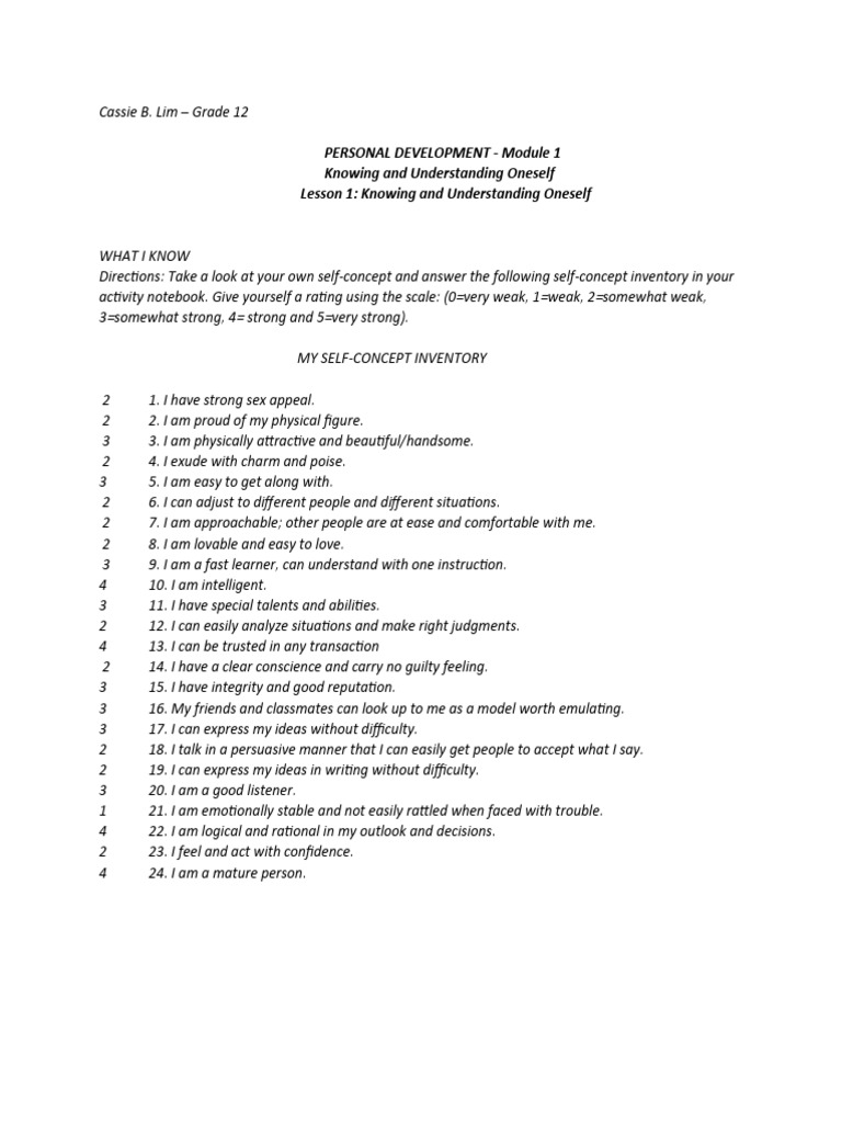 Personal Development_Cassie B. Lim_Grade 12_Module 1 | PDF