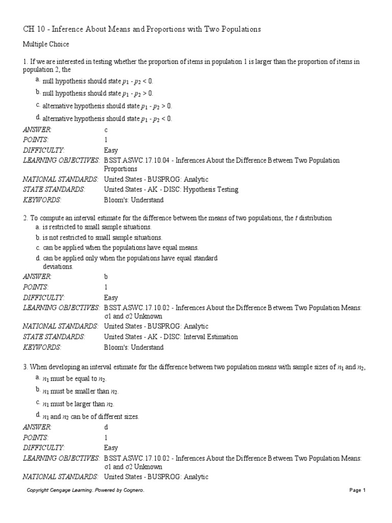 Lecture 10 Inference About Means and Proportions With Two Populations - Exercises | PDF ...