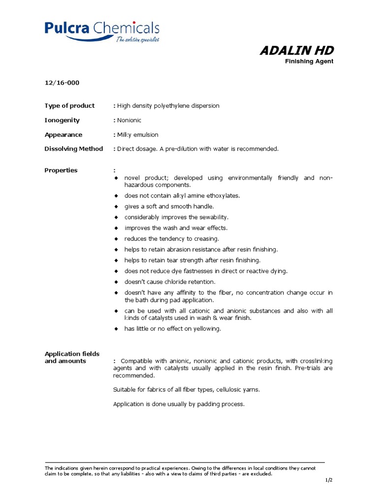 Adalin HD-TDS | PDF | Textiles | Materials