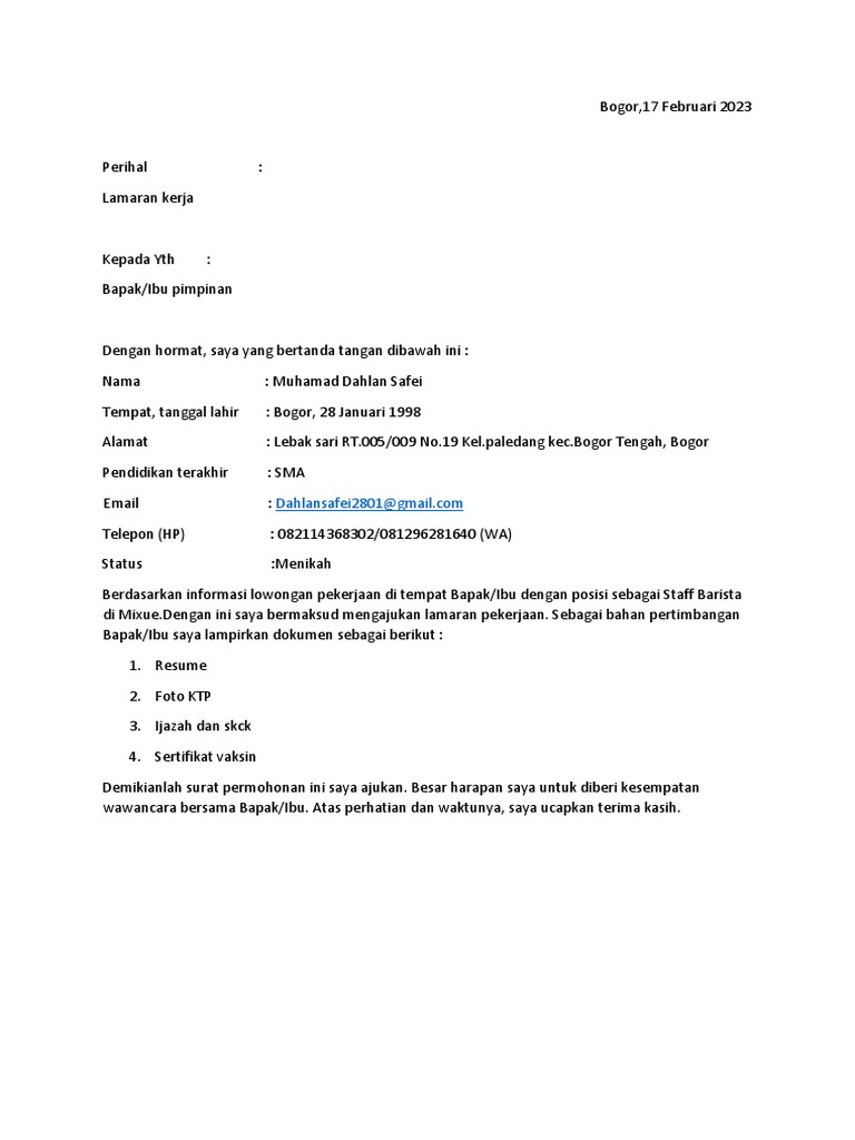 Lamaran Kerja Staff Barista Mixue | PDF