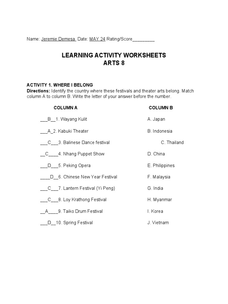 Asian Festivals and Theatrical Arts Worksheet | PDF | Dances | Theatre