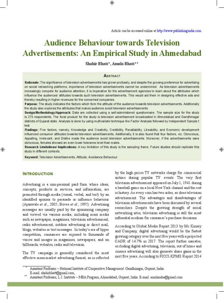Audience Behaviour Towards Television Ad | PDF | Advertising ...