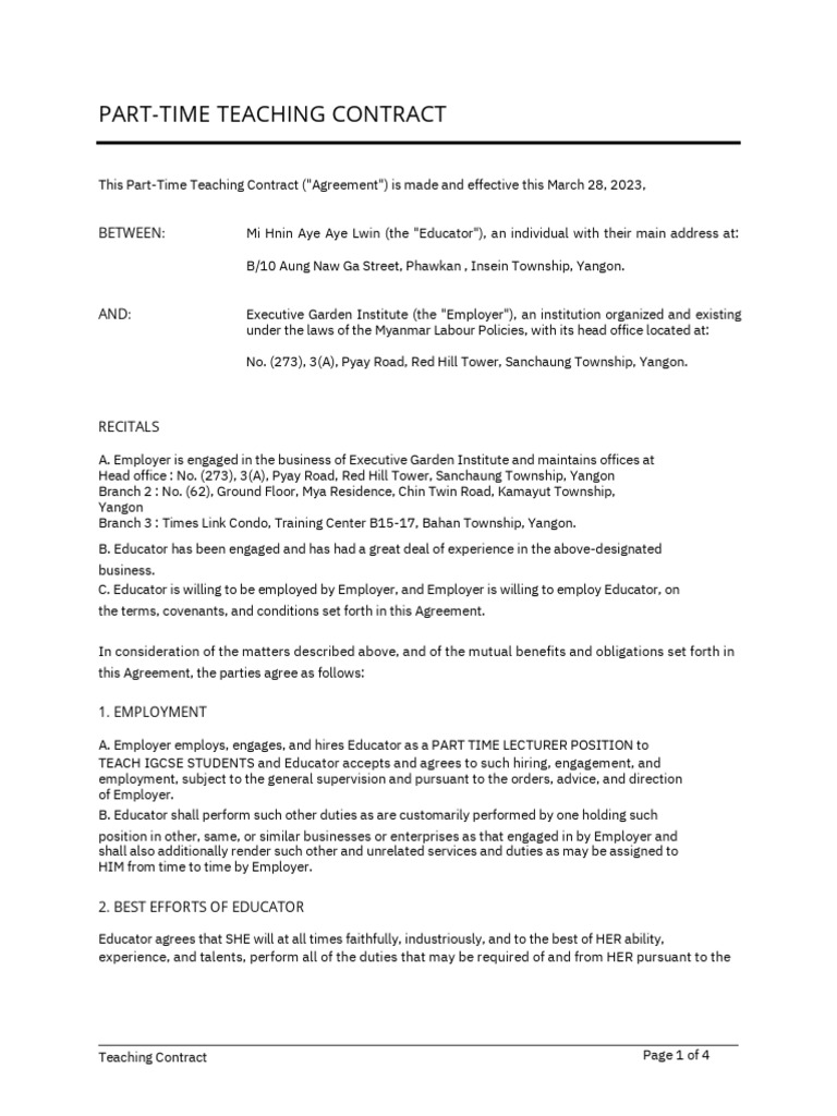 Part-Time Teaching Contract | PDF | Employment | Civil Law (Legal System)