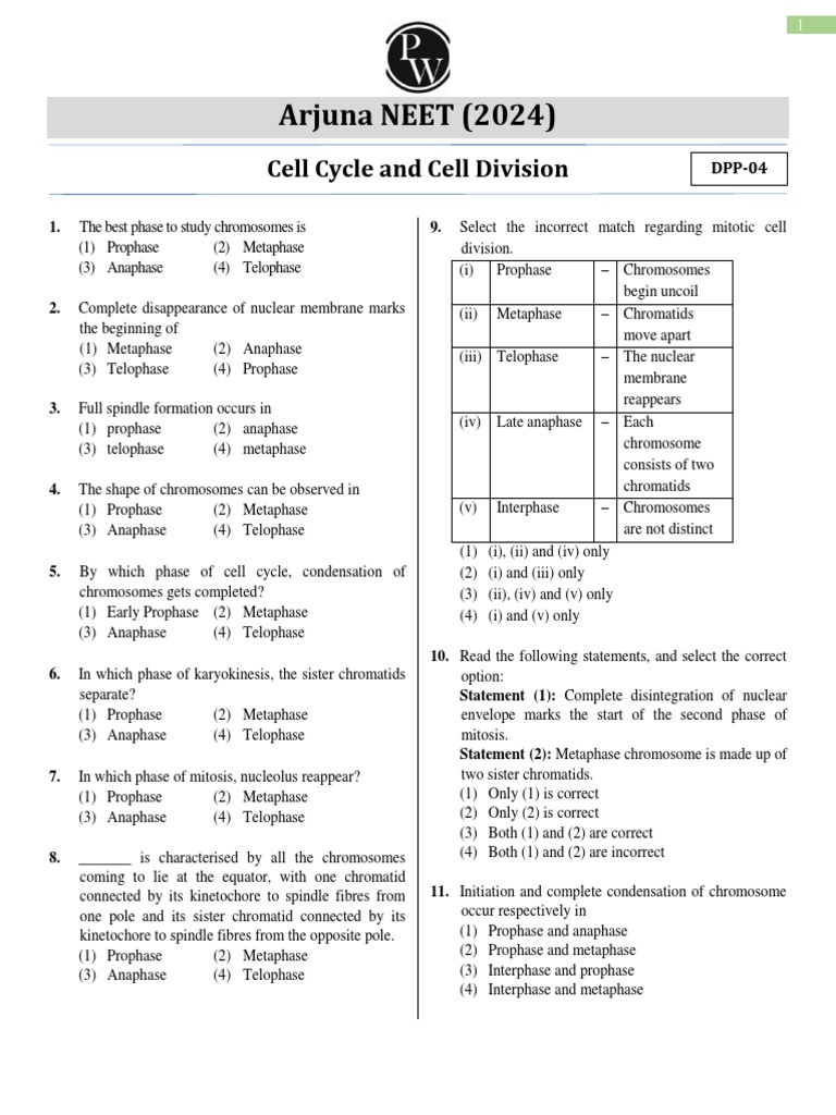 Cell Cycle and Cell Division - DPP-04 | PDF | Mitosis | Genetics