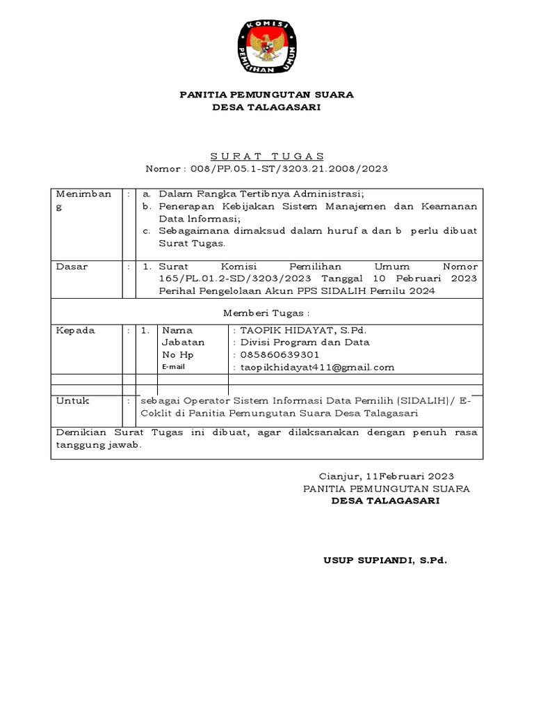 Surat Tugas Akun Sidalih-Ecoklit PPK PPS | PDF