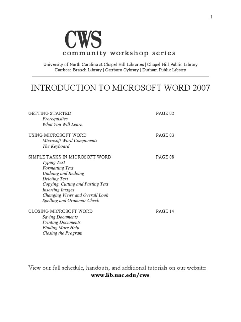 Introduction To Microsoft Word 2007: View Our Full Schedule, Handouts ...