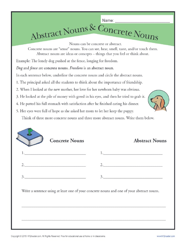Abstract and Concrete Nouns - 3rd Grade Noun Worksheet | PDF