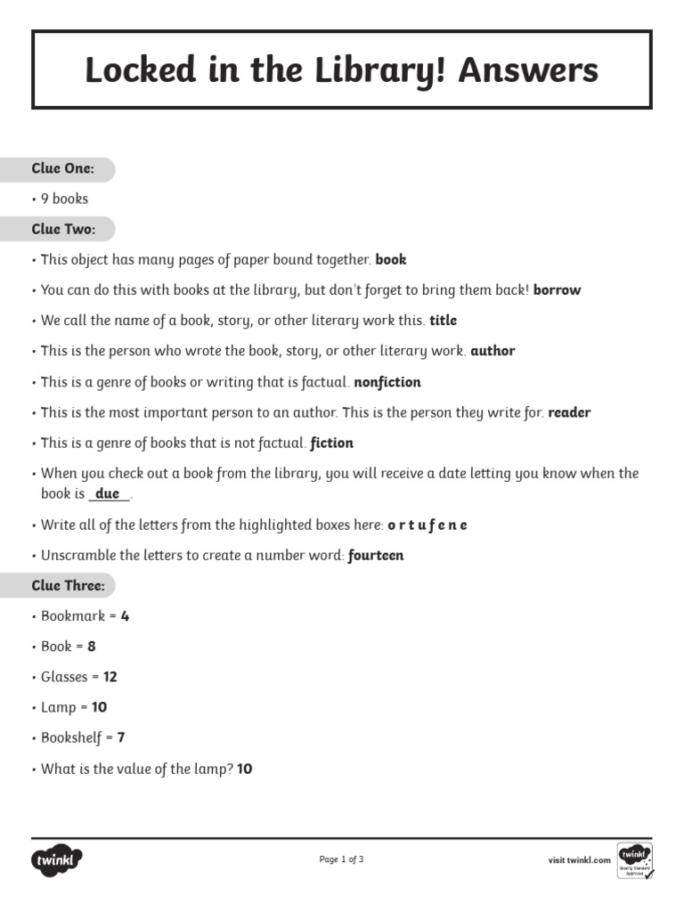 Answer Key Locked in The Library Escape Room For 3rd-5th Grade | PDF ...