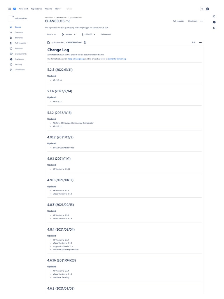 Veridium - Quickstart-Ios - CHANGELOG - MD - Bitbucket | PDF | Ios | Application Software