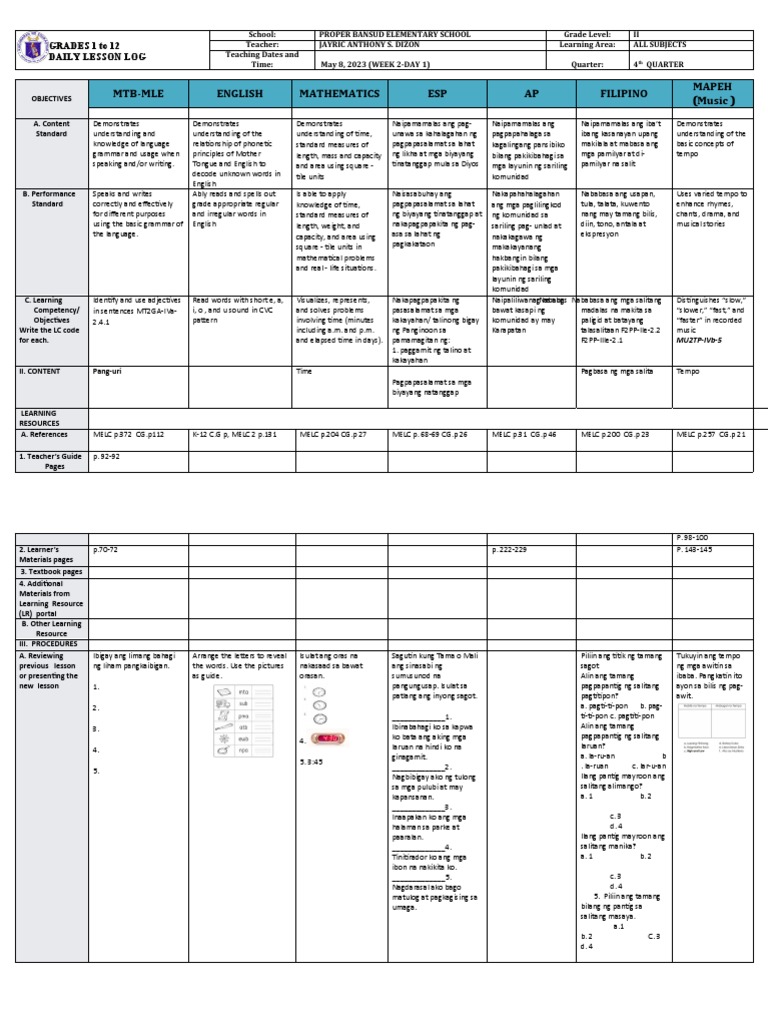 DLL - All Subjects 2 - Q4 - W2 | PDF | Linguistics | Cognitive Science DLL - All Subjects 2 - Q4 - W2 | PDF | Linguistics | Cognitive Science