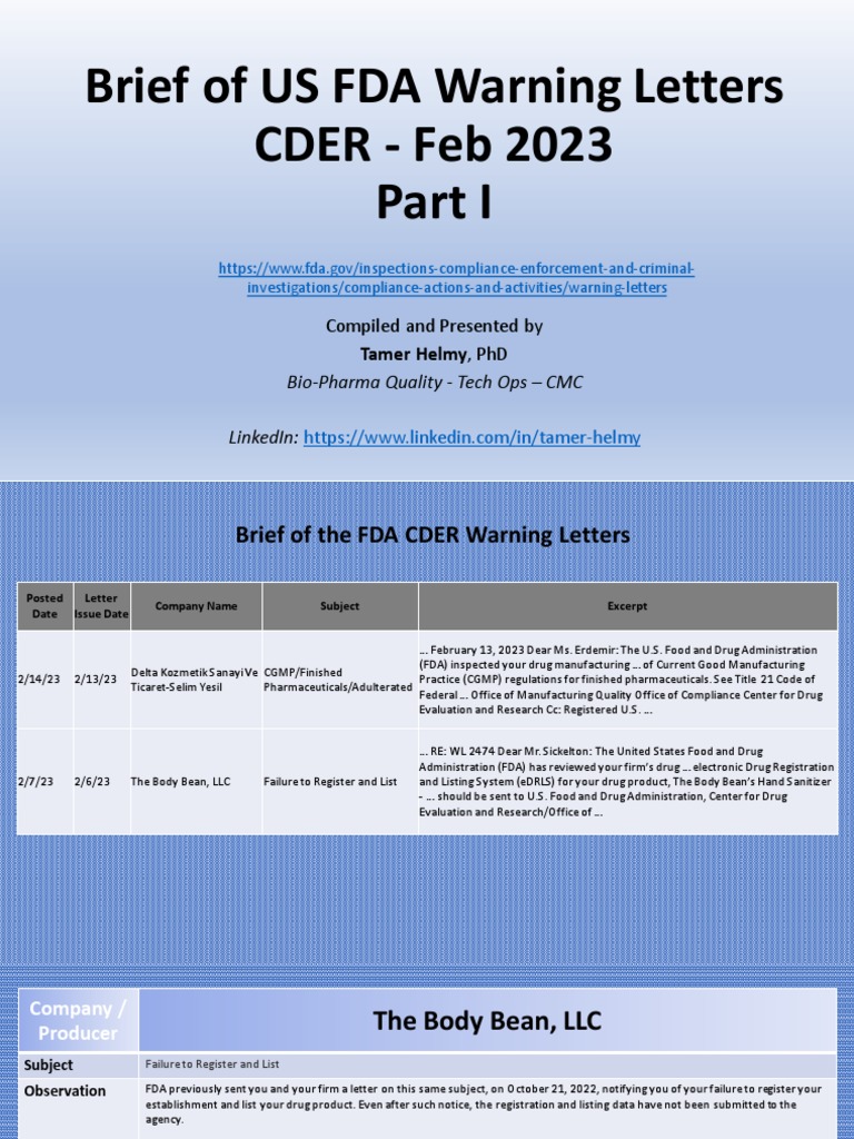Brief of FDA CDER Warning Letters Feb 2023 Part I 1677260461 | PDF | Food And Drug ...
