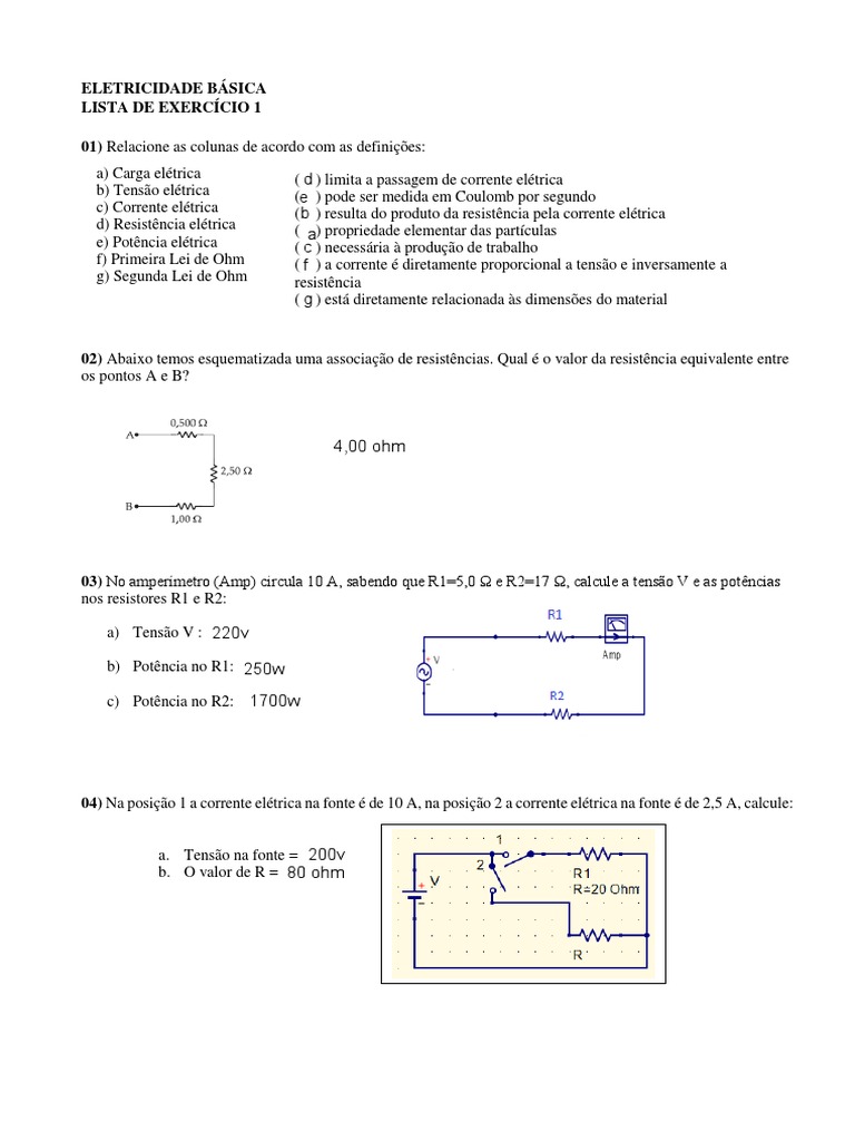 Eletricidade Basica Lista 1 | PDF | Eletricidade | Resistência elétrica e condutividade