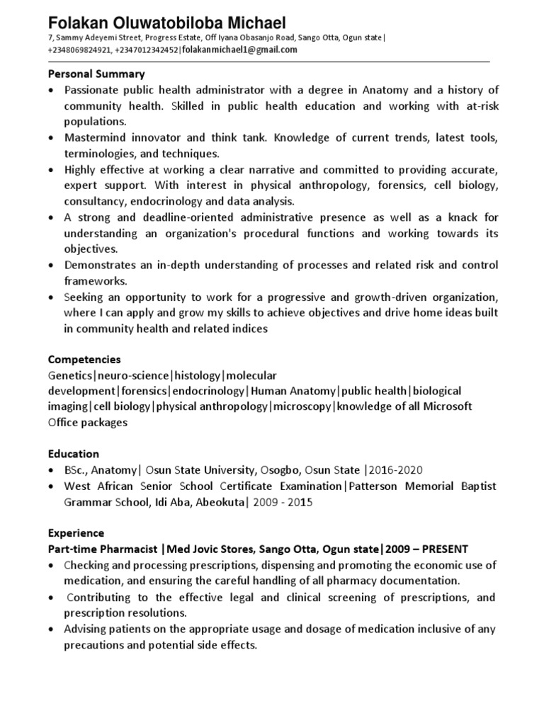 Folakan Oluwatobiloba Michael CV - Edited | PDF | Pharmacy | Medical ...