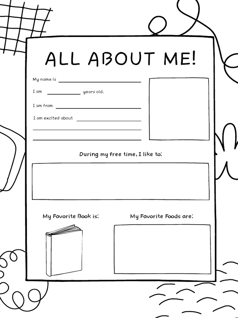 Black Doodle Coloring Student Introduction All About Me Worksheet | PDF