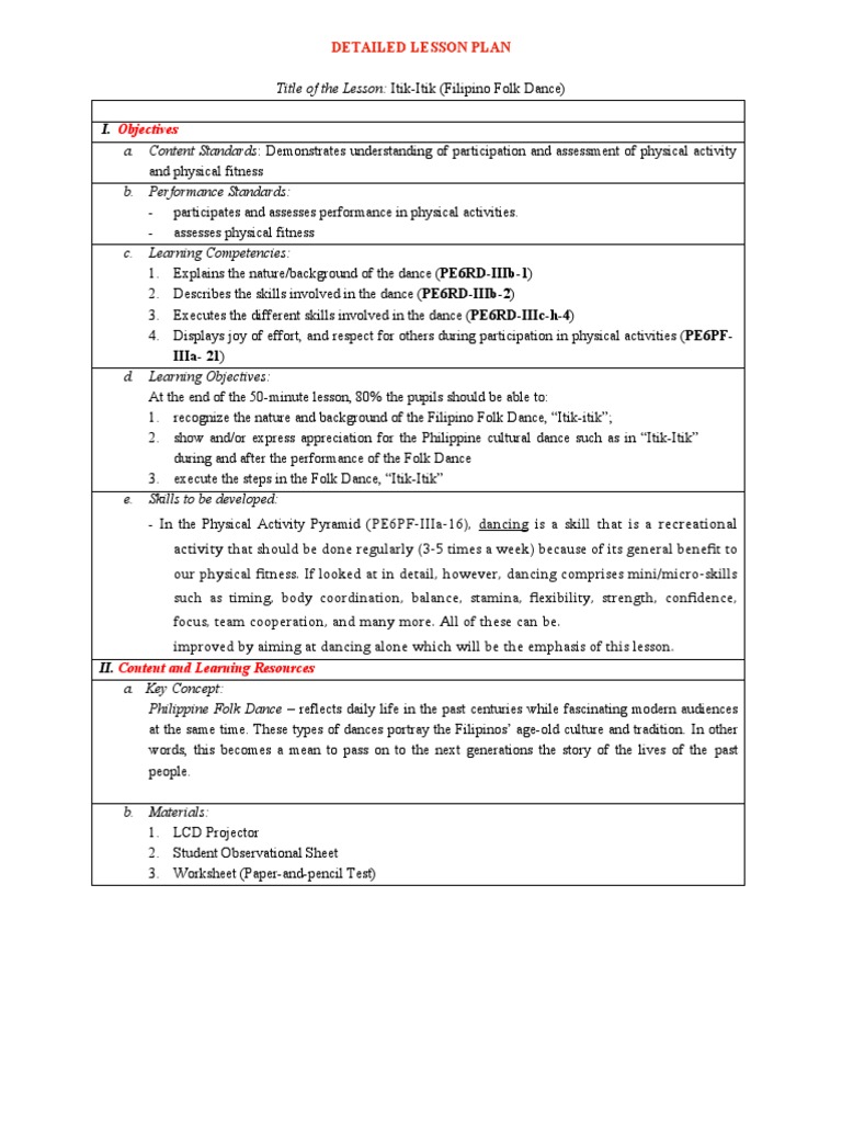 Itik-Itik Filipino Folk Dance Lesson Plan | PDF | Teachers | Dances