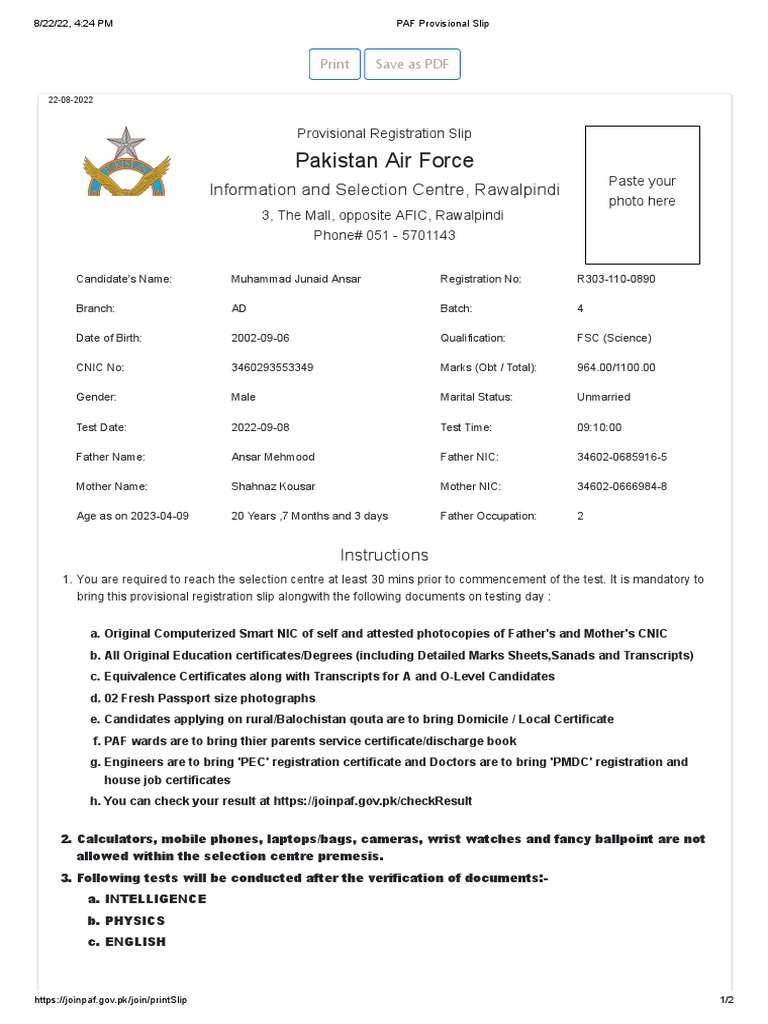 PAF Provisional Slip | PDF