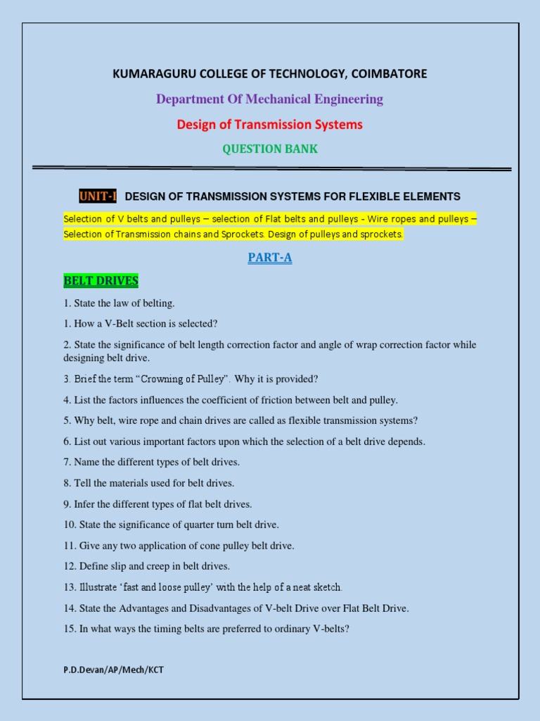 DTS Question Bank | Download Free PDF | Gear | Belt (Mechanical)