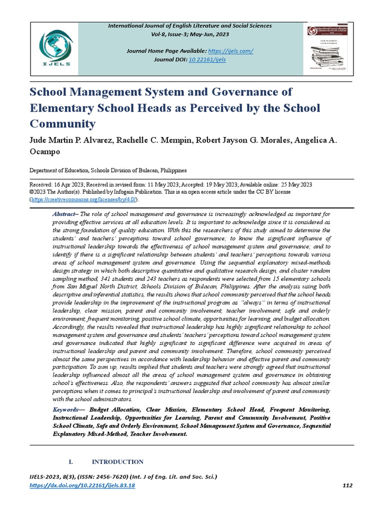 School Management System and Governance of Elementary School Heads As ...