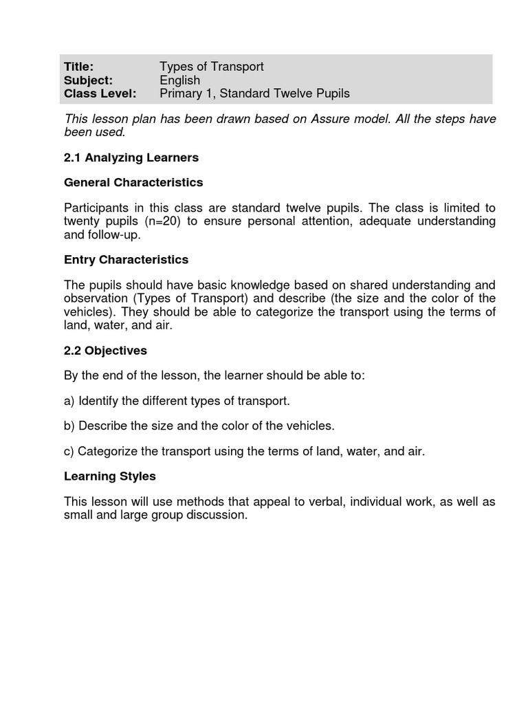 Aiza Lesson Plan Transport | PDF | Teachers | Learning