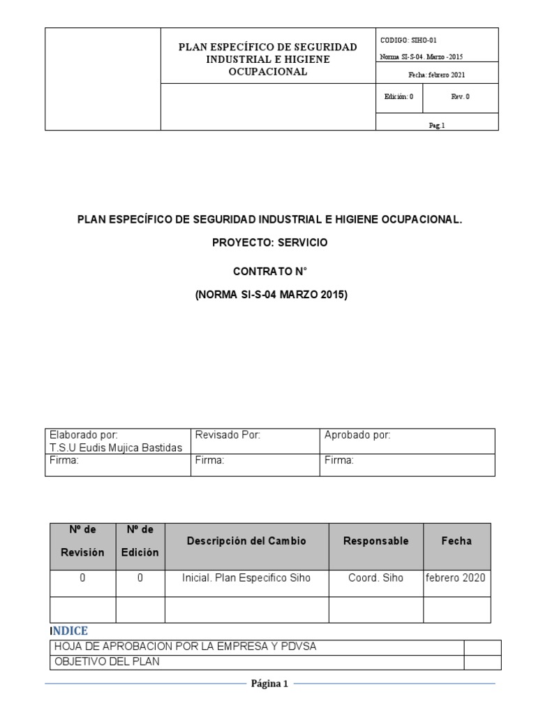 Plan Especifico de Siho Sertcroven | PDF | Higiene Ocupacional | Seguridad y salud ocupacional