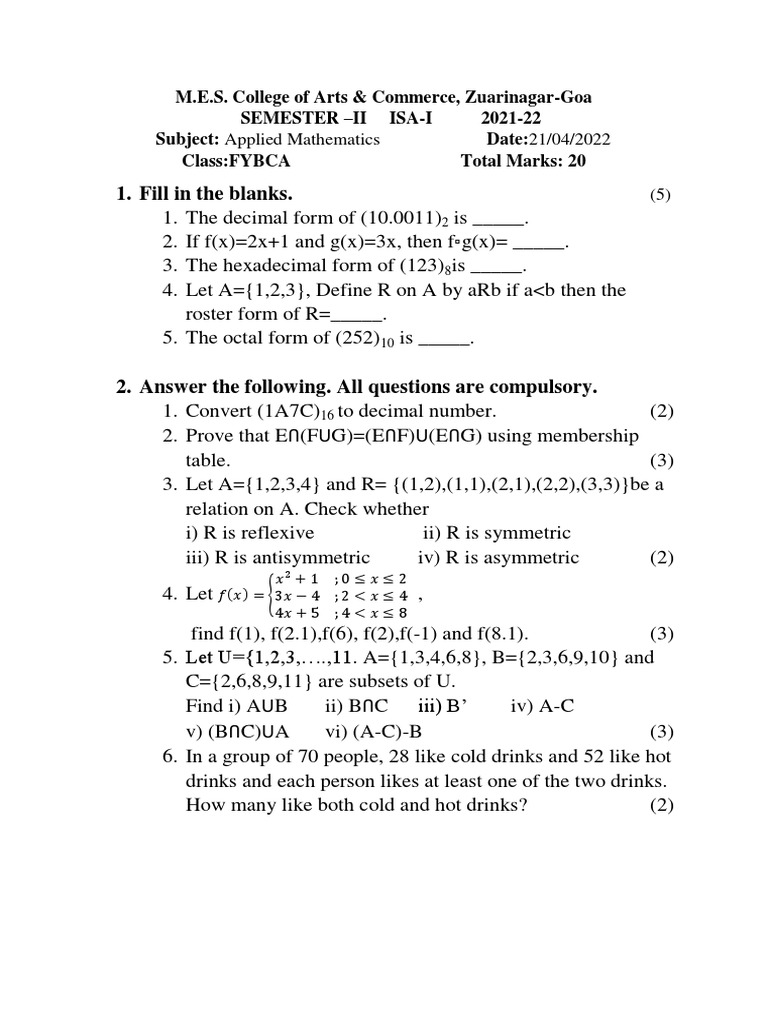 FYBCA Applied Maths 1st ISA | PDF