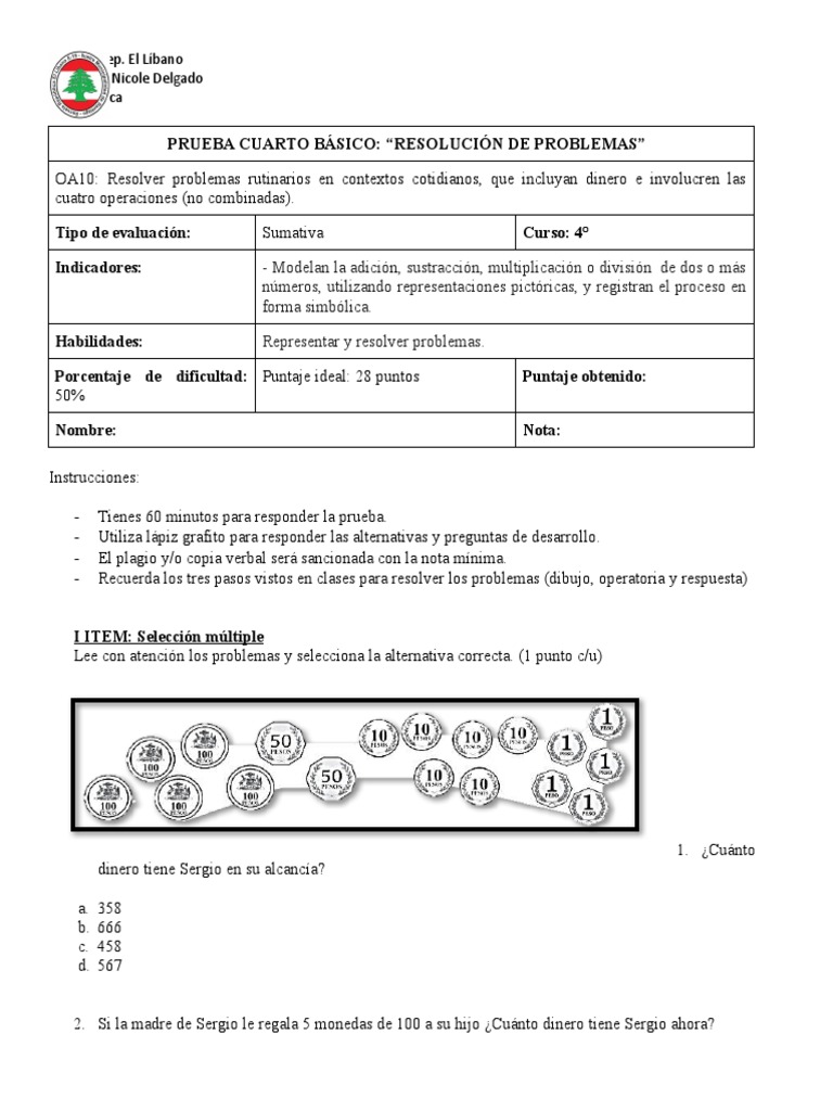 Prueba de Matemáticas 4° Básico | PDF