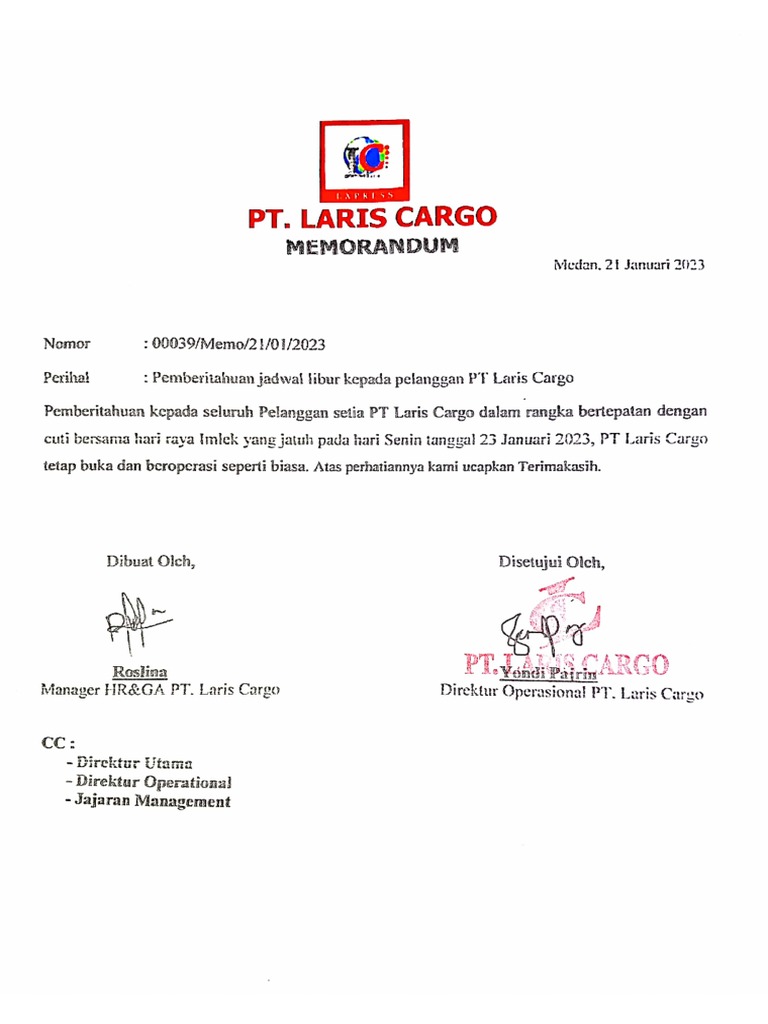 Memo Cuti Bersama Imlek | PDF