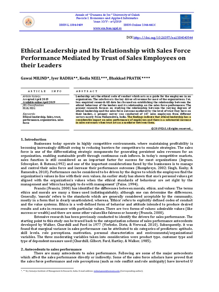 Ethical Leadership and Its Relationship With Sales Force Performance Mediated by Trust of Sales ...