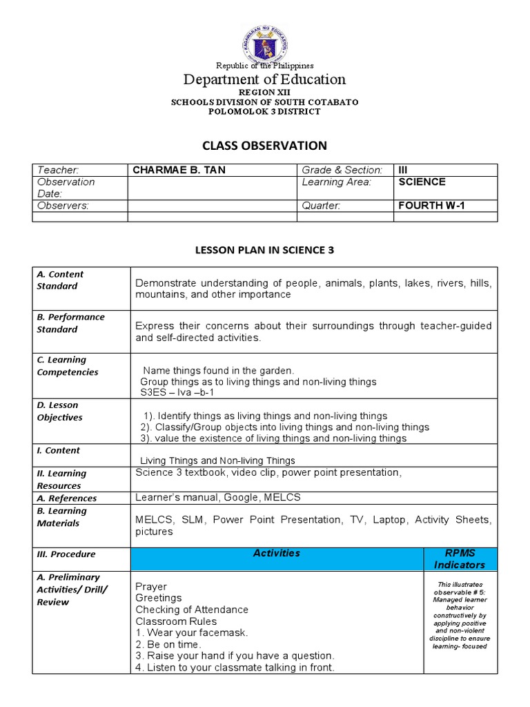Lesson Plan Science 3-Living Things and Non Living Things For Demo Teaching | PDF | Learning ...