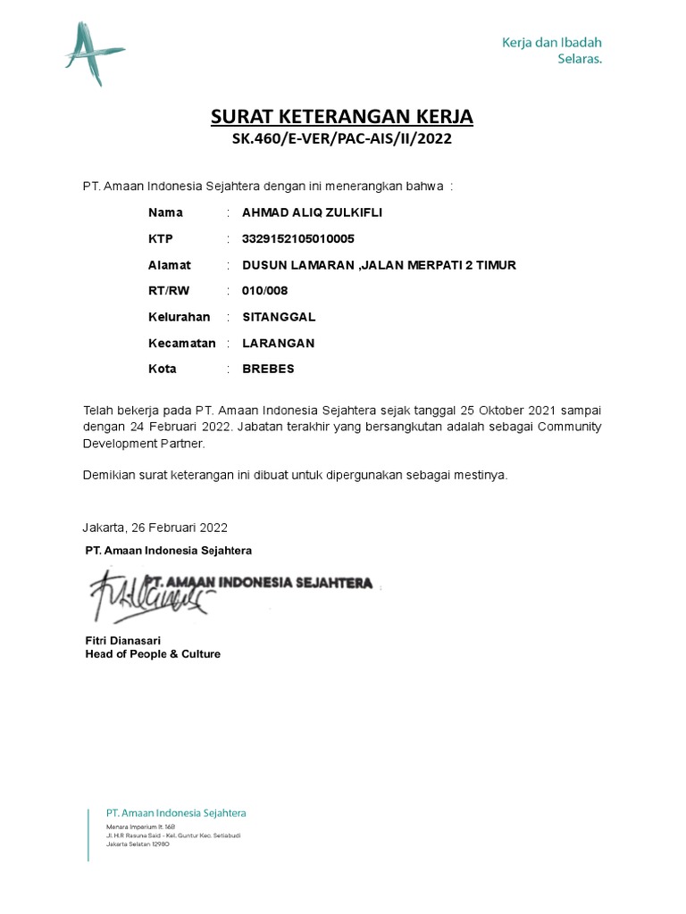 Surat Keterangan Kerja Ahmad Aliq Zulkifli | PDF | Karier & Perkembangan