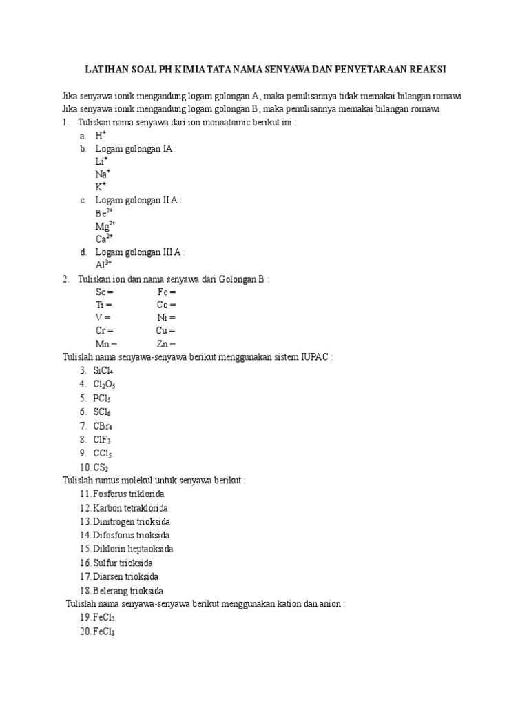 LATIHAN SOAL PH KIMIA Tata Nama Senyawa | PDF
