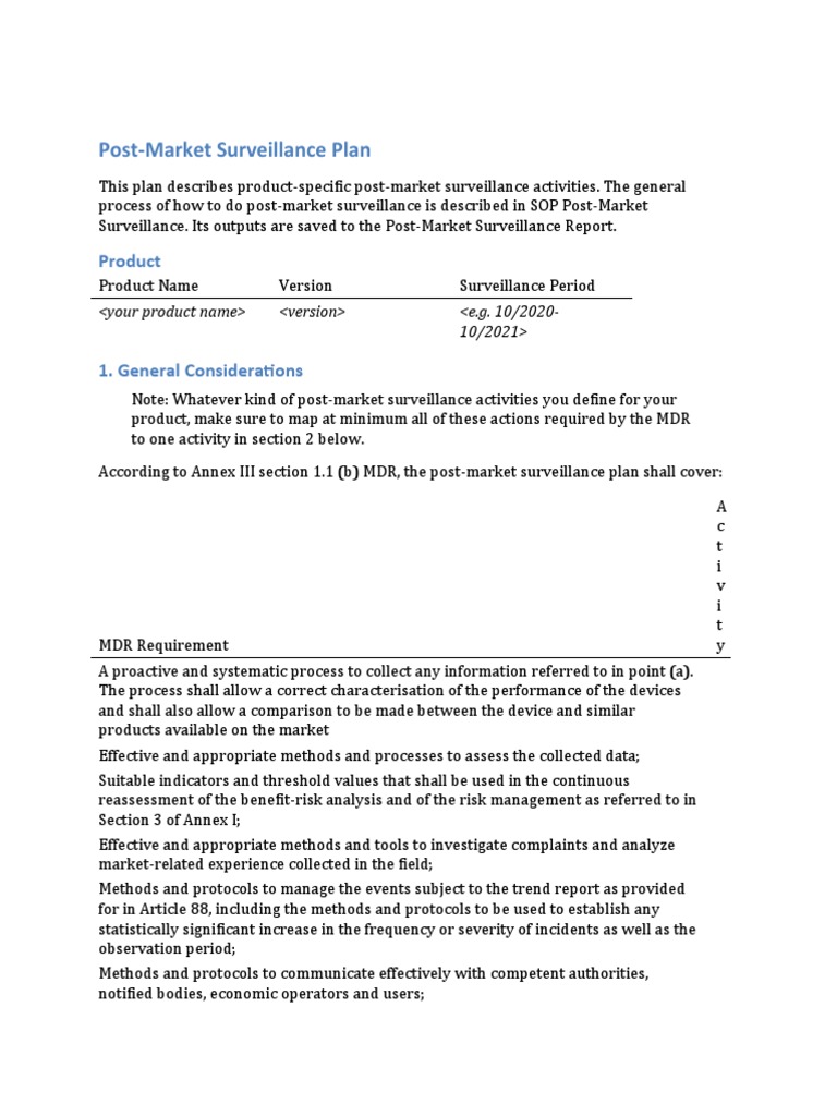 Post Market Surveillance Plan | PDF | Surveillance | Performance Indicator