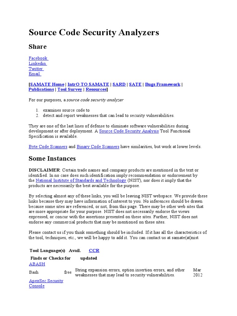Nist SourceCodeSecurityAnalyzers | Download Free PDF | C (Programming Language) | C Sharp ...