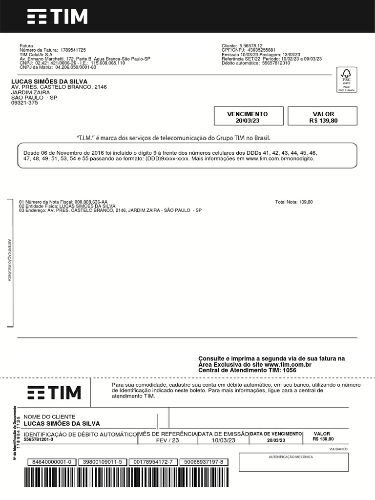 Fatura Tim | Download grátis PDF | Brasil
