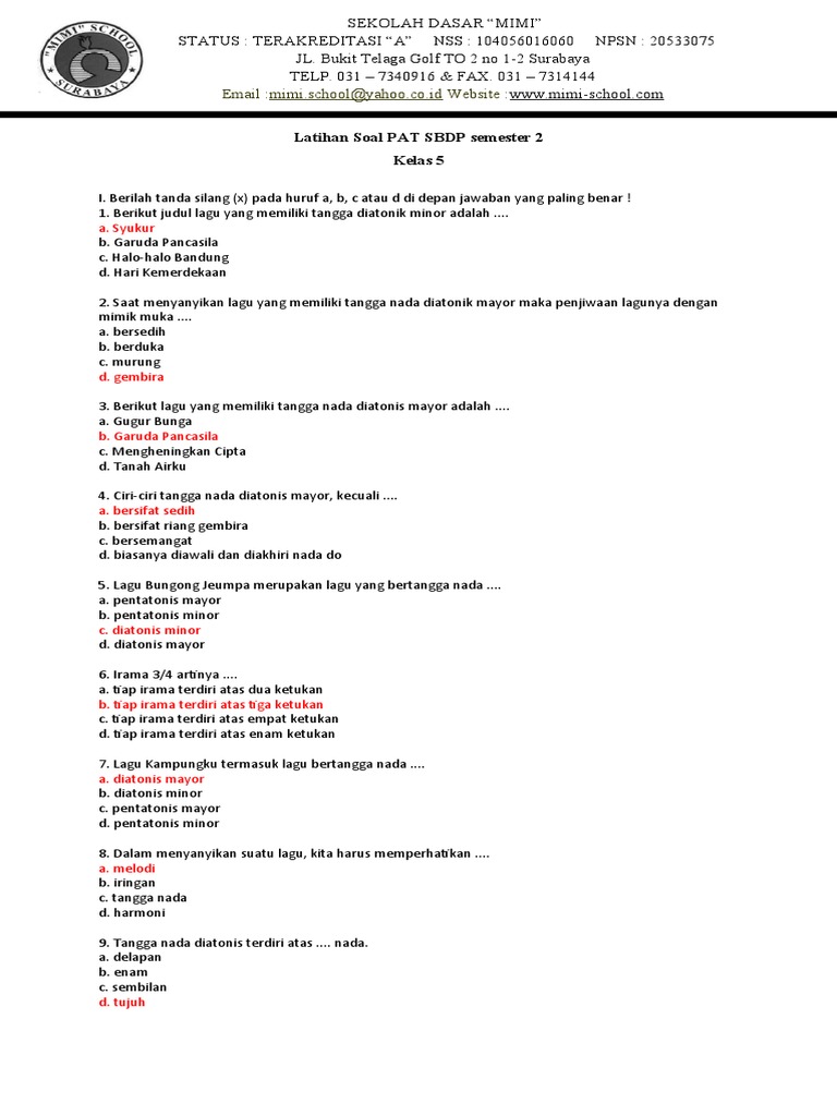 Latihan Soal PAS SBDP 5 Sem 2 | PDF