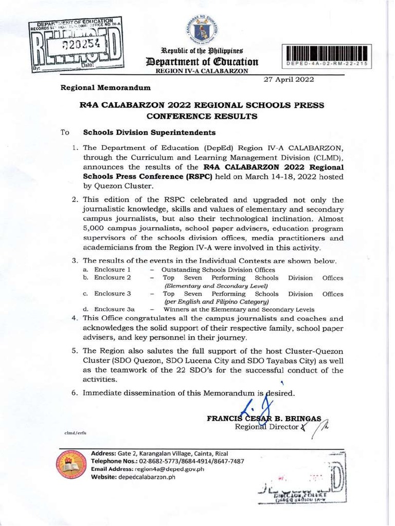 RM No. 215 s.2022 - R4A CALABARZON 2022 REGIONAL SCHOOLS PRESS ...