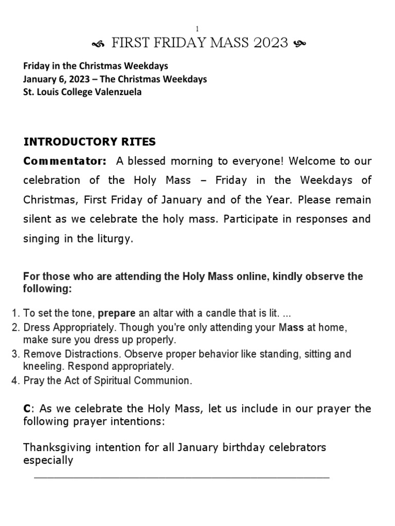 First Friday Mass Celebration 2023 | PDF | Eucharist | Mass (Liturgy)