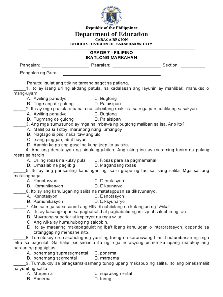 3rd Quarter FIlipino 7 Exam | PDF