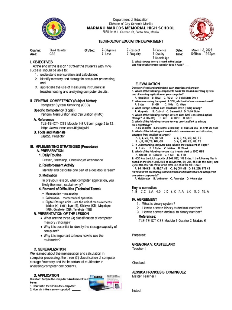 Computer System Servicing Lesson Plan | PDF | Computer Data Storage | Byte