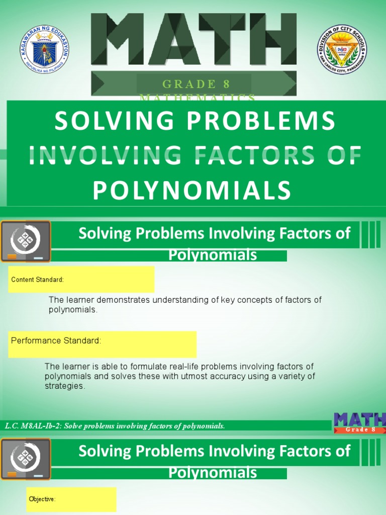 Solving Problems Involving Factoring Polynomials | PDF | Polynomial | Area