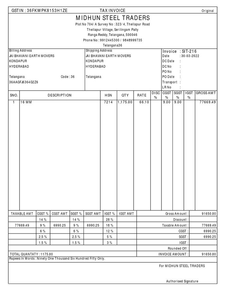 Midhun Steel Traders: GSTIN: 36FKWPK8153H1ZE Tax Invoice | PDF | Public ...