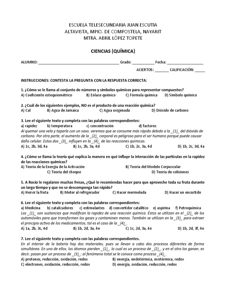 Examen Quimica-Tercer Periodo-Tercer Grado | PDF | Carbohidratos | Redox