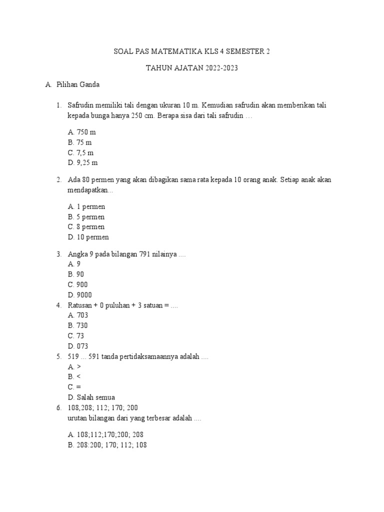 Soal Pas Matematika KLS 4 Semester 2 Kumer | PDF