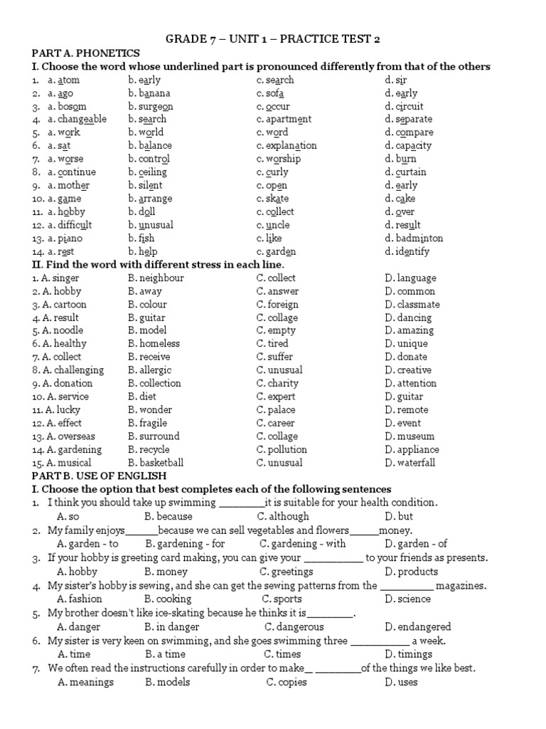 Grade 7 - Unit 1 - Practice Test 2 | PDF | Hobbies