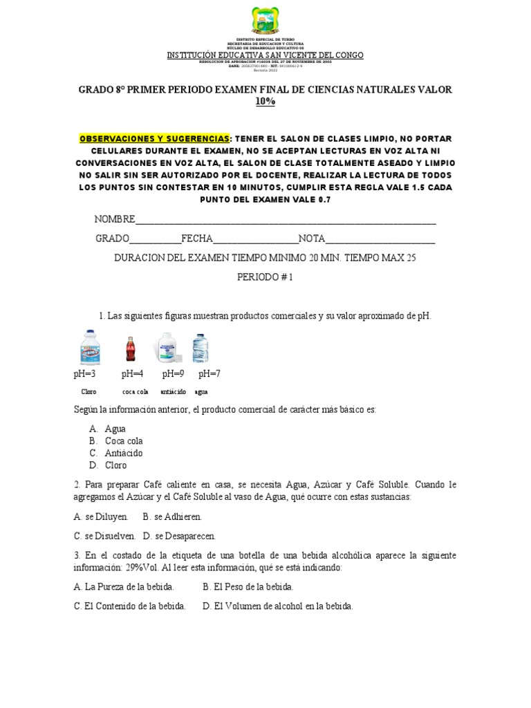 Examen Final Graado 8 Primer Periodo | PDF | Mezcla | Jabón