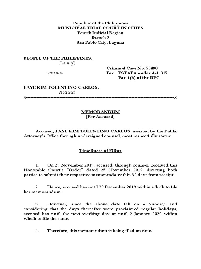 Memo ESTAFA | PDF | Prosecutor | Burden Of Proof (Law)