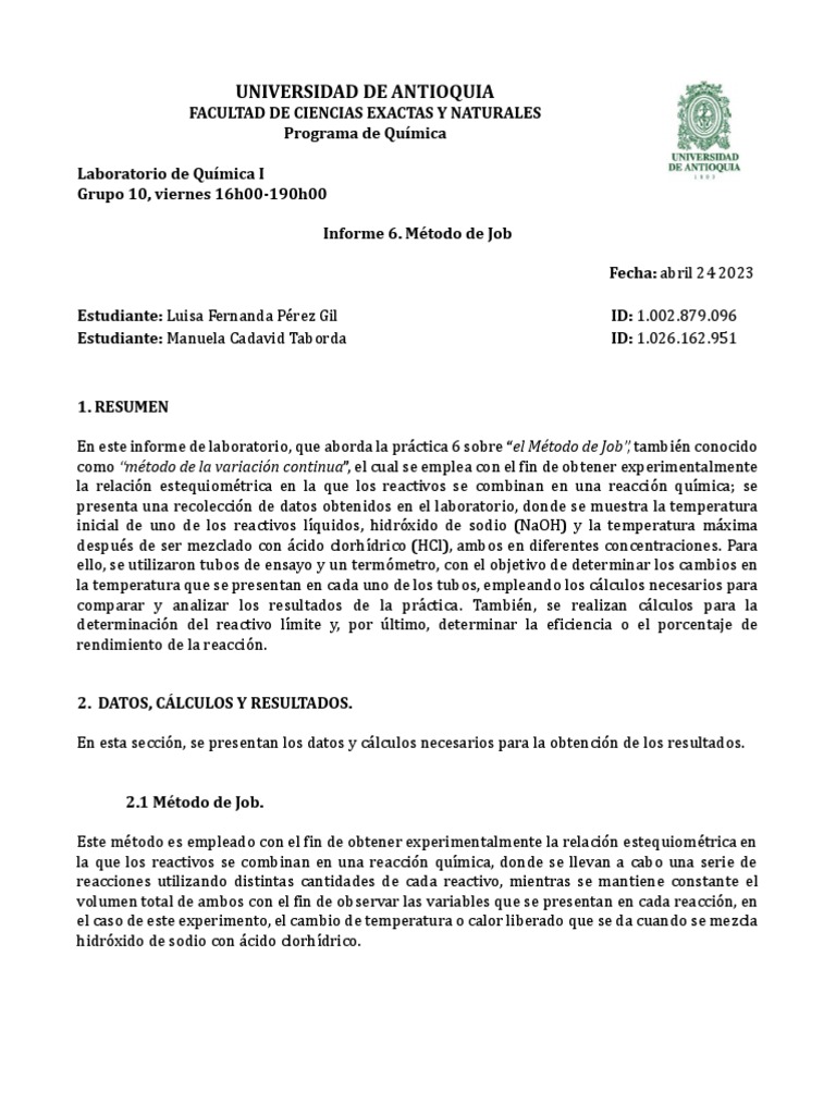 Informe de Laboratorio - P6. Método de Job | PDF | Ácido clorhídrico | Ph
